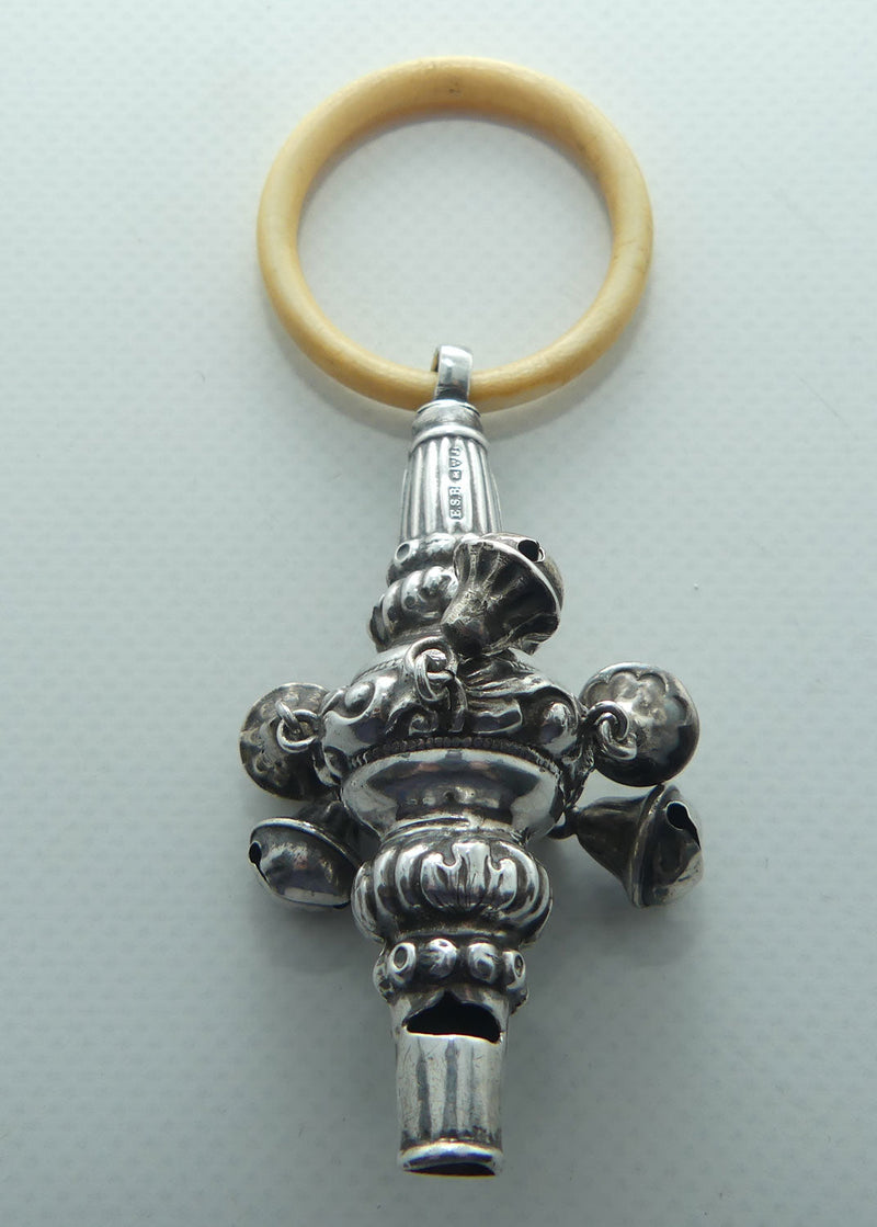 Edwardian era Sterling Silver and Ivory Teething Ring Baby Rattle | Wh ...