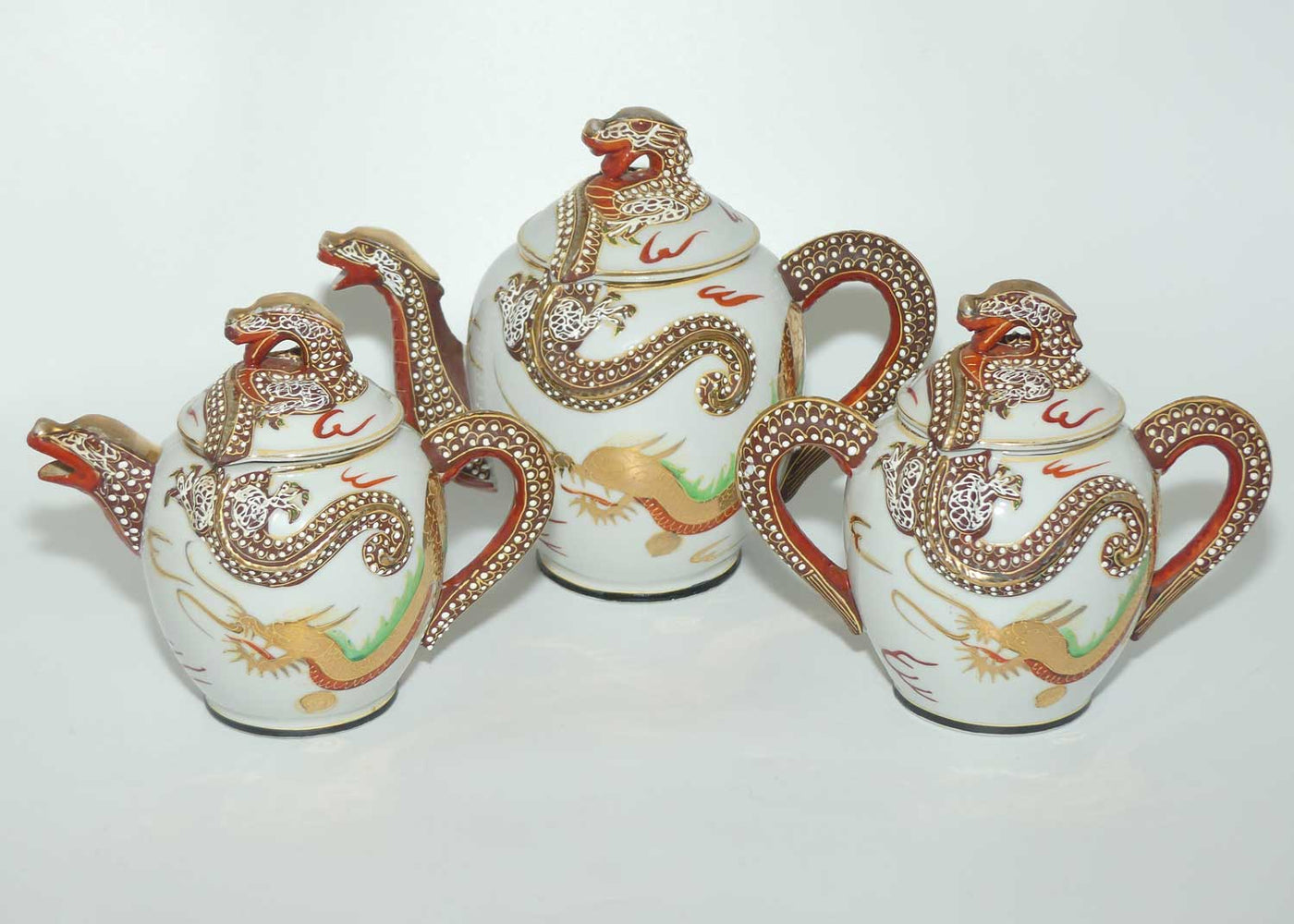 Japanese Moriage Dragonware 3 piece tea set – Roundabout Antiques