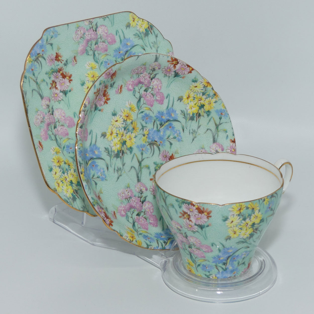 Shelley Cambridge Shape Melody Chintz trio | Square Plate | Pattern 12